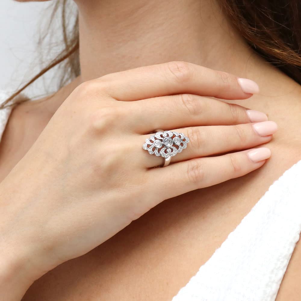 BERRICLE Sterling Silver Navette Cubic Zirconia CZ Statement Art Deco Fashion Ring for Women, Rhodium Plated Size 6