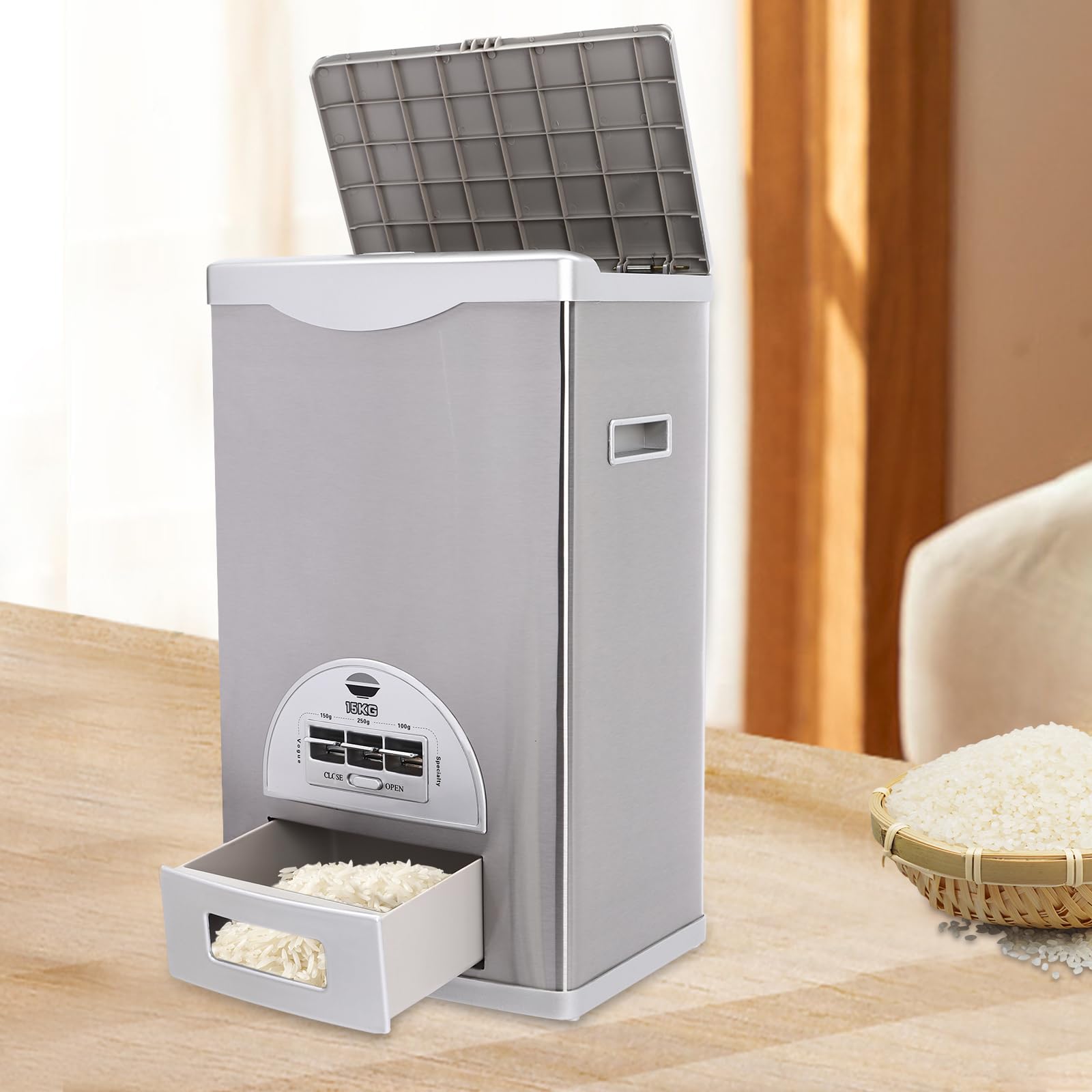 KIOPOWQ Rice Dispenser, Auto Rice Dispenser Rice Storage Container Stainless Steel Rice Organization, Perfect for Rice Cooker, 15kg/33lb, Silver