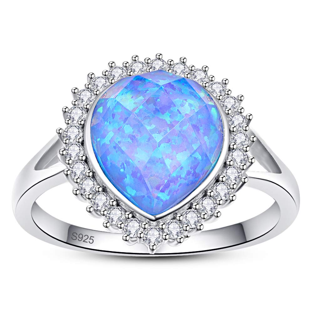 BONLAVIE 10X12mm Created Blue Opal Rings for Women 925 Sterling Silver Pear Shape Solid Opal Engagement Ring Paved Round Cut Cubic Zirconia October Birthstone Ring Promise Ring for Her Size 9