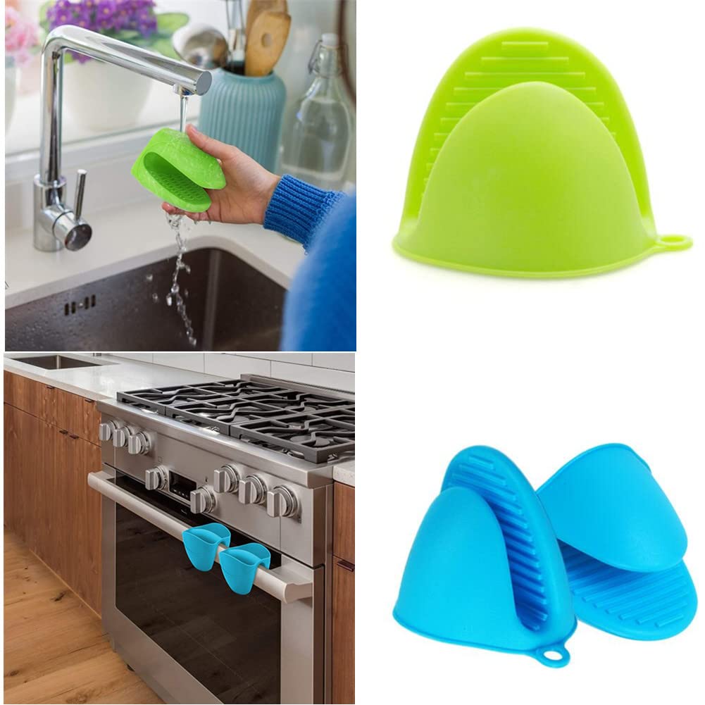 Beetoo 4PCS Silicone Oven Mitts Heat Resistant, Silicone Mini Oven Gloves Potholders for Kitchen Cooking Baking BBQ, Pinch Oven Mitts Pot Holder Rubber Oven Glove (Blue, Green)