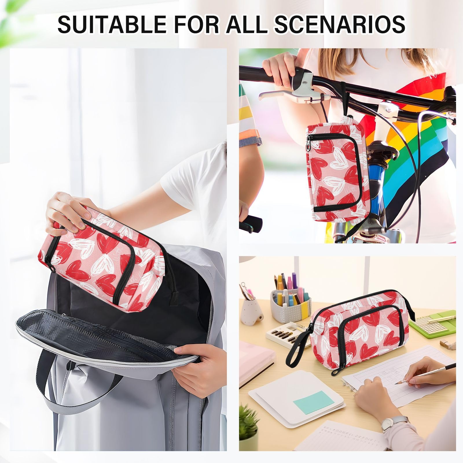 Bolaz Big Capacity Pencil Pen Case Pouch Bag School College Office Organizer for Teens Girls Adults Student-Valentine's Day Red White Hearts on Pink