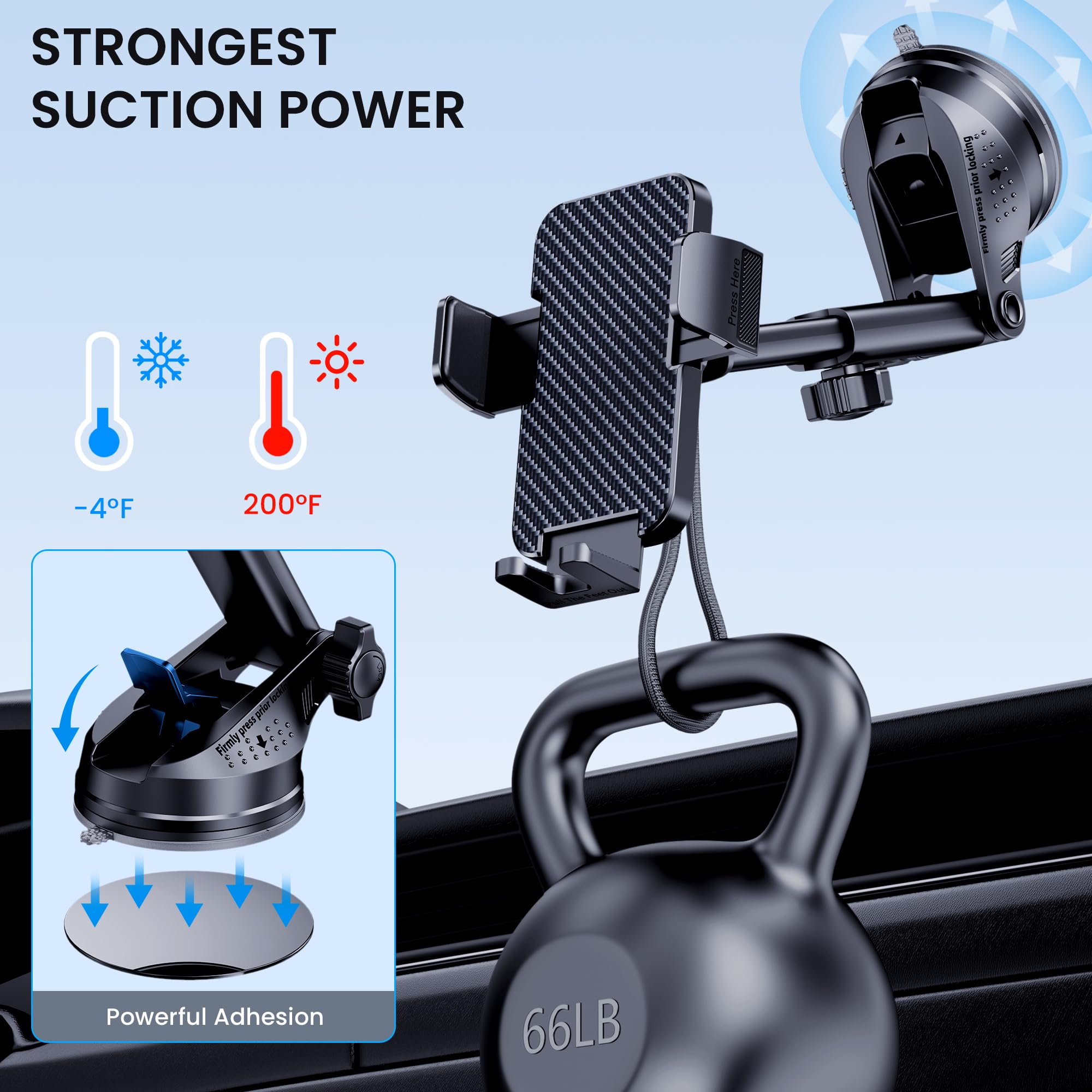 BIVGAZA Universal Car Phone Mount with Super Strong Suction Cup, Thick Case Friendly, Adjustable Telescopic Arm, Compatible with All Smartphones