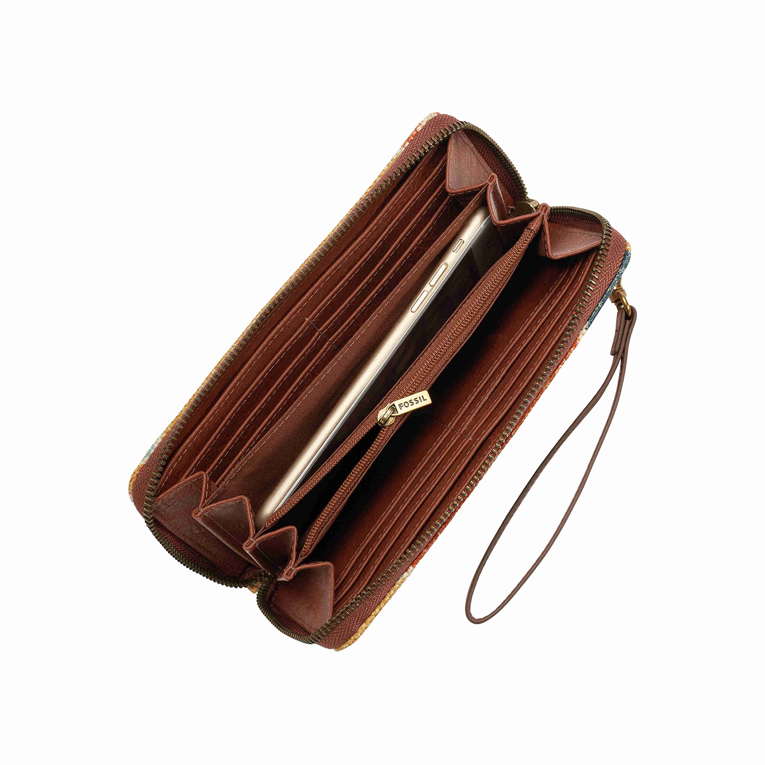 Fossil Women's Logan Fabric Wallet RFID Blocking Zip Around Clutch with Wristlet Strap, Multi