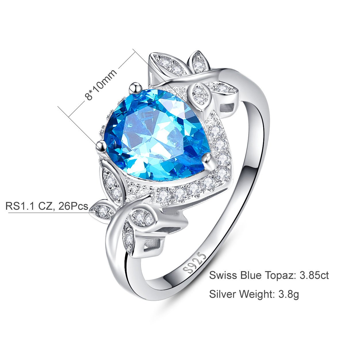 BONLAVIE 3.85ct Created 10 * 8mm Pear Cut Swiss Blue Topaz Ring with CZ Halo Butterfly Teardrop Stackable 925 Sterling Silver Engagement Rings Created Sapphire Rhinestone Ring for Women Size 6