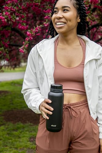 Ello Cooper 32oz Stainless Steel Water Bottle with Straw and Carry Handle, Double Walled and Vacuum Insulated Metal, Leak Proof Locking Lid with Soft Silicone Spout, Reusable, BPA Free, Black