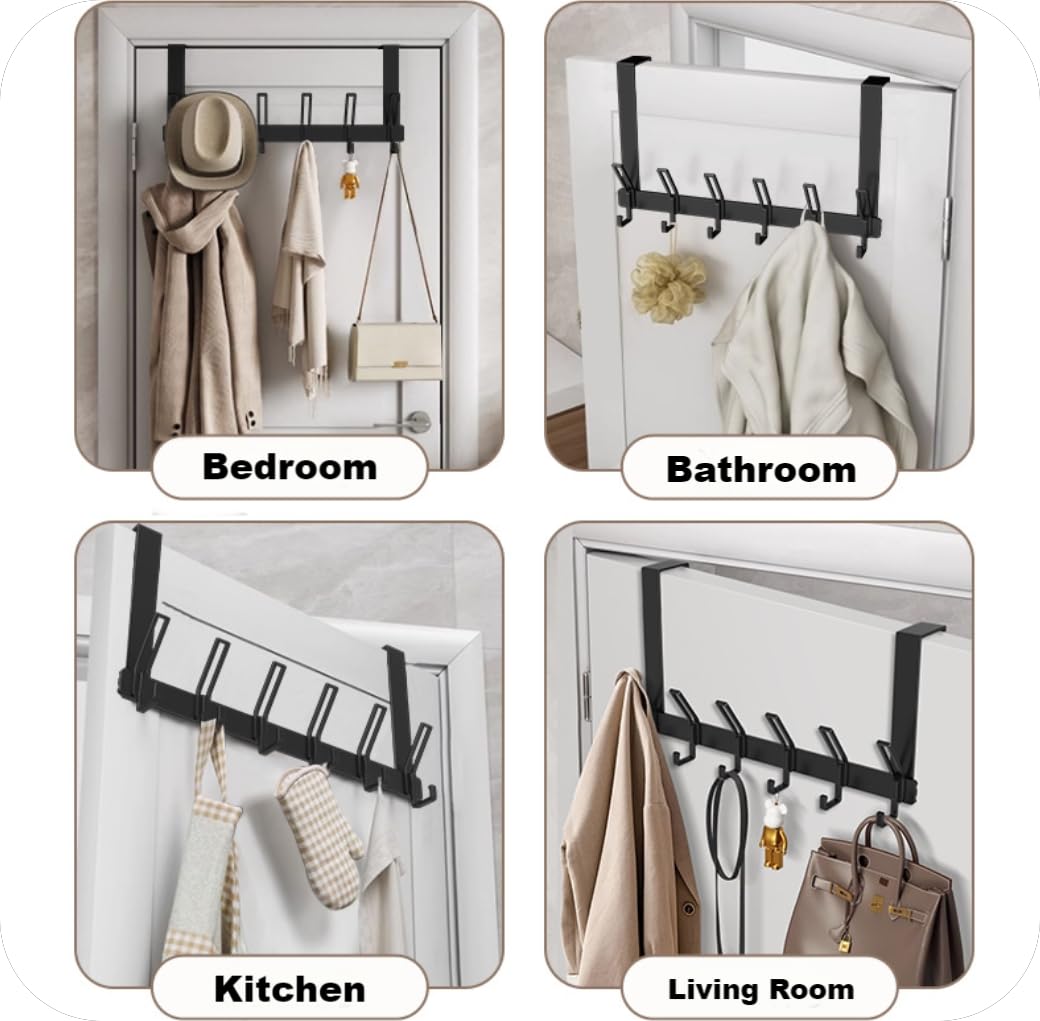 BWVWEU Behind Door Hooks,Door Back Hooks with Six Double Hooks for Living Room, Bathroom, Bedroom, Kitchen Hanging Clothes, Towels, Hats (Black 2 Pack)