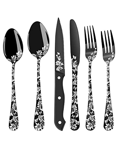 MOVNO 24-Piece Black Silverware Set, Food-Grade Stainless Steel Black Flatware Cutlery Set Service for 4, Durable Metal Tableware Utensils Set with Fork Spoon Knife, Mirror Polished