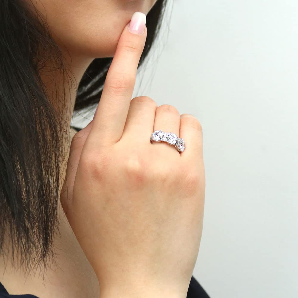 BERRICLE Sterling Silver 3-Stone Oval Cut Cubic Zirconia CZ Statement Art Deco Fashion Ring for Women, Rhodium Plated Size 9.5