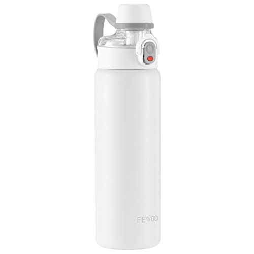 FEWOO 24 Oz Insulated Water Bottle with One Lid for Sip and Swig Stainless Steel Water Bottle With Straw BPA-Free,Keep Cold for 24h & Hot for 12h (WHITE)ยกยญ