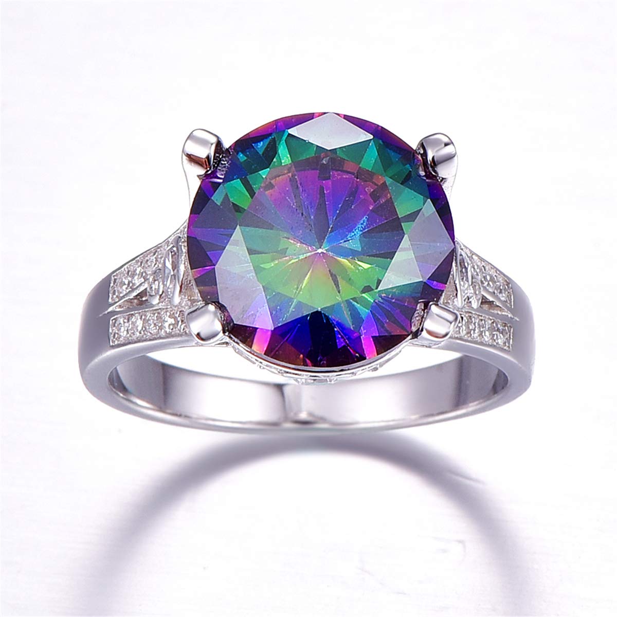 BONLAVIE Promise Rings for Her 925 Sterling Silver Created Round Cut Fire Rainbow Topaz Engagement Eternity Wedding Bands for Women Size 6