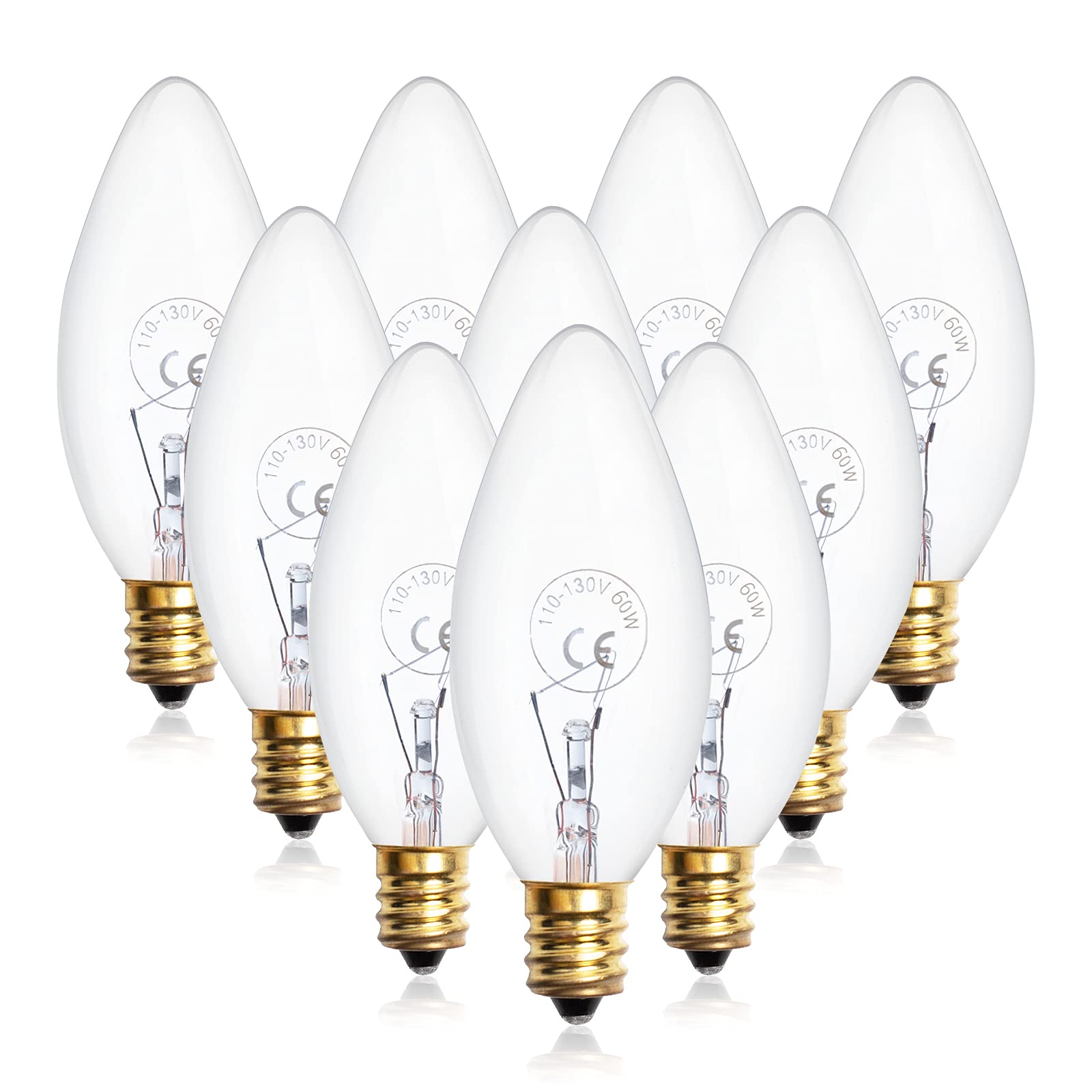 Bonlux 60W 120V E12 Base B10 CTC Incandescent Clear Light Bulbs Dimmable Candelabra Bulb B10 Transparent Candle Bulb for Chandeliers and Wall Lights, Warm White 2600K, 10-Pack