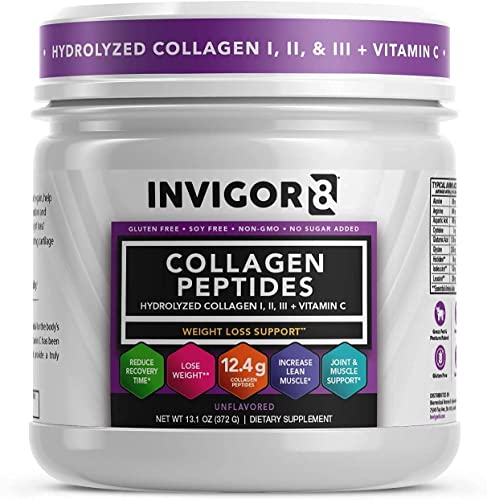 INVIGOR8 Collagen Peptides Weight Loss Formula Hydrolyzed Collagen Types I, II, & III + Vitamin C Unflavored Non-GMO Grass-Fed Supplement Blend