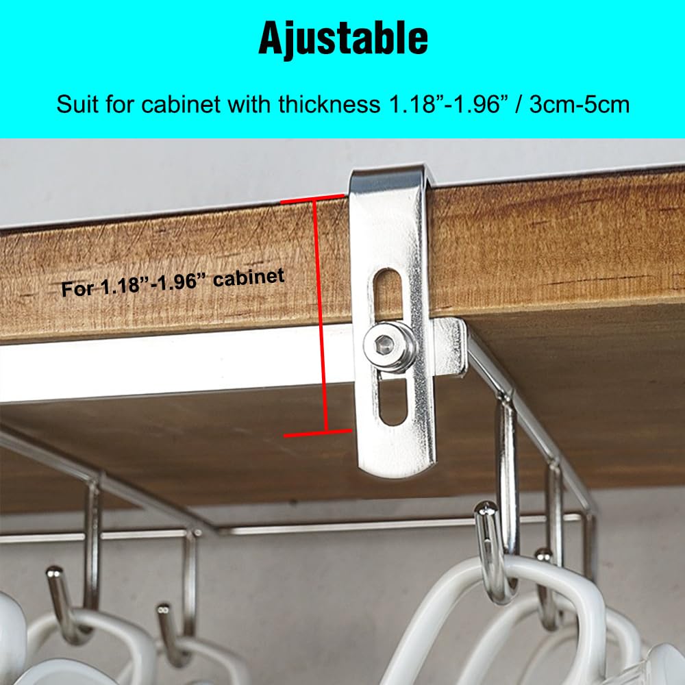 Coffee Mug Holder Under Cabinet - Silver 9 Hooks Cup Organizer for 1.18" Thickness Cabinet Hanging Mug Rack Tea Cup and Utensil Hooks Drilling Free Mug Hanger Under Shelf