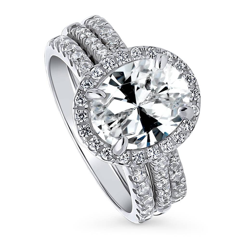 BERRICLE Sterling Silver Halo Wedding Engagement Rings Oval Cut Cubic Zirconia CZ Ring Set for Women, Rhodium Plated Size 9