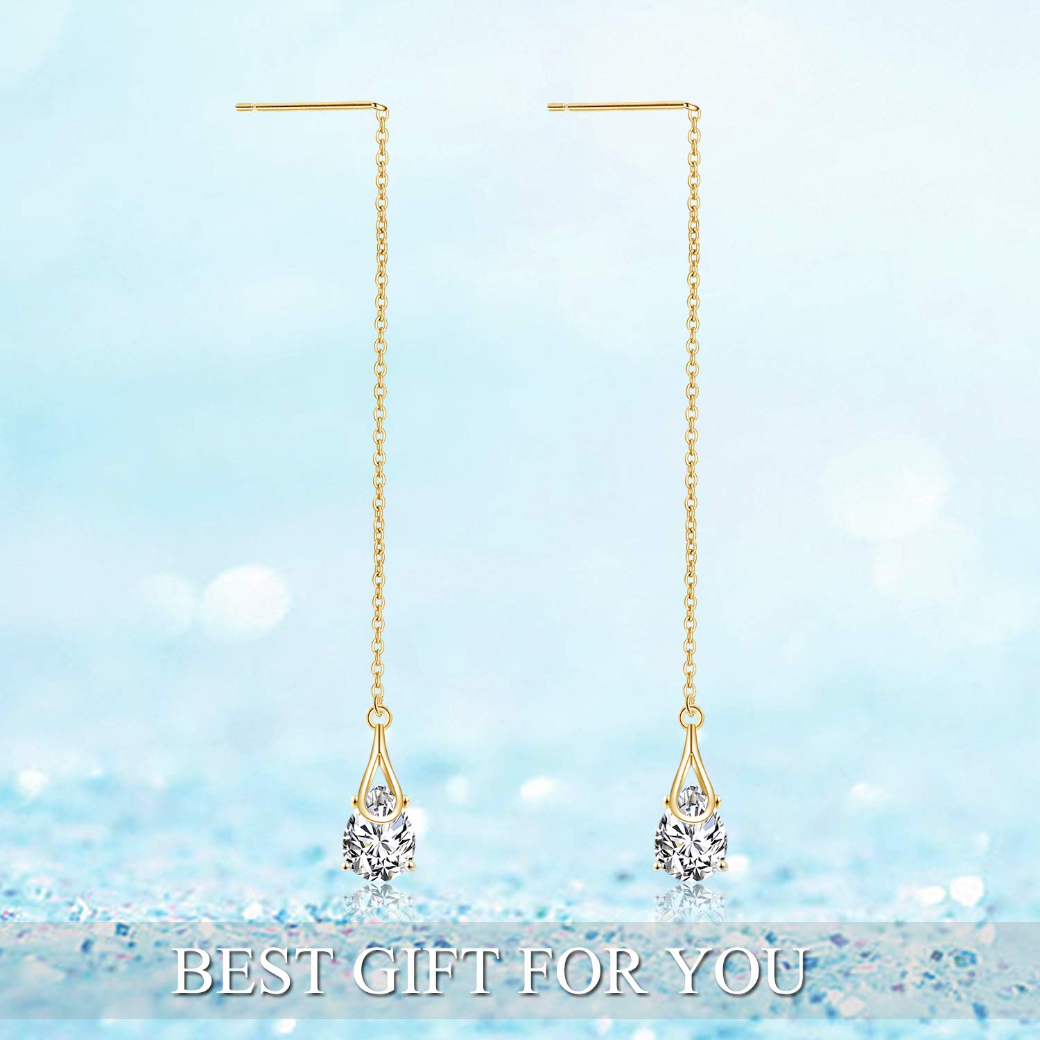 Gold Plated Threader Earrings Sterling Silver Teardrop Drop Pull Through Threader Earrings with Cubic Zirconia