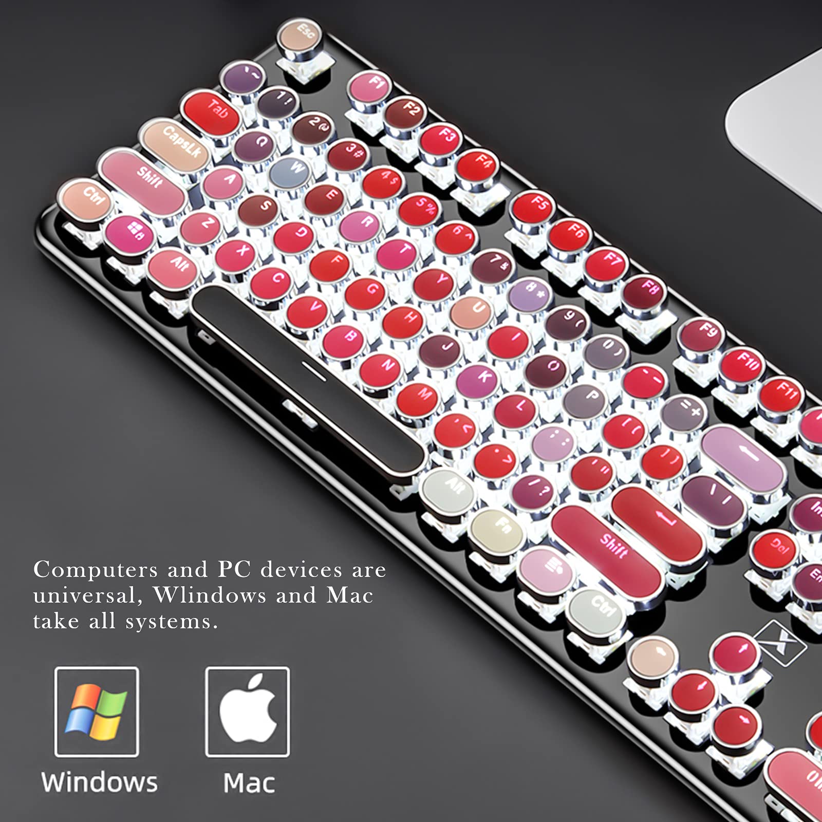 TONIZER Mechanical Gaming Keyboard in Lipstick Style Metal Vintage Steampunk Retro White Backlit 104 Keys Anti-Ghosting Round Keycaps Metal Panel Wired USB for PC Mac Laptop(K520)