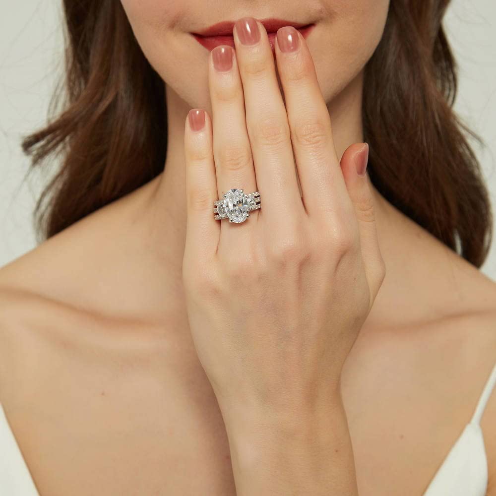 BERRICLE Sterling Silver 3-Stone Wedding Engagement Rings Oval Cut Cubic Zirconia CZ Ring Set for Women, Rhodium Plated Size 7
