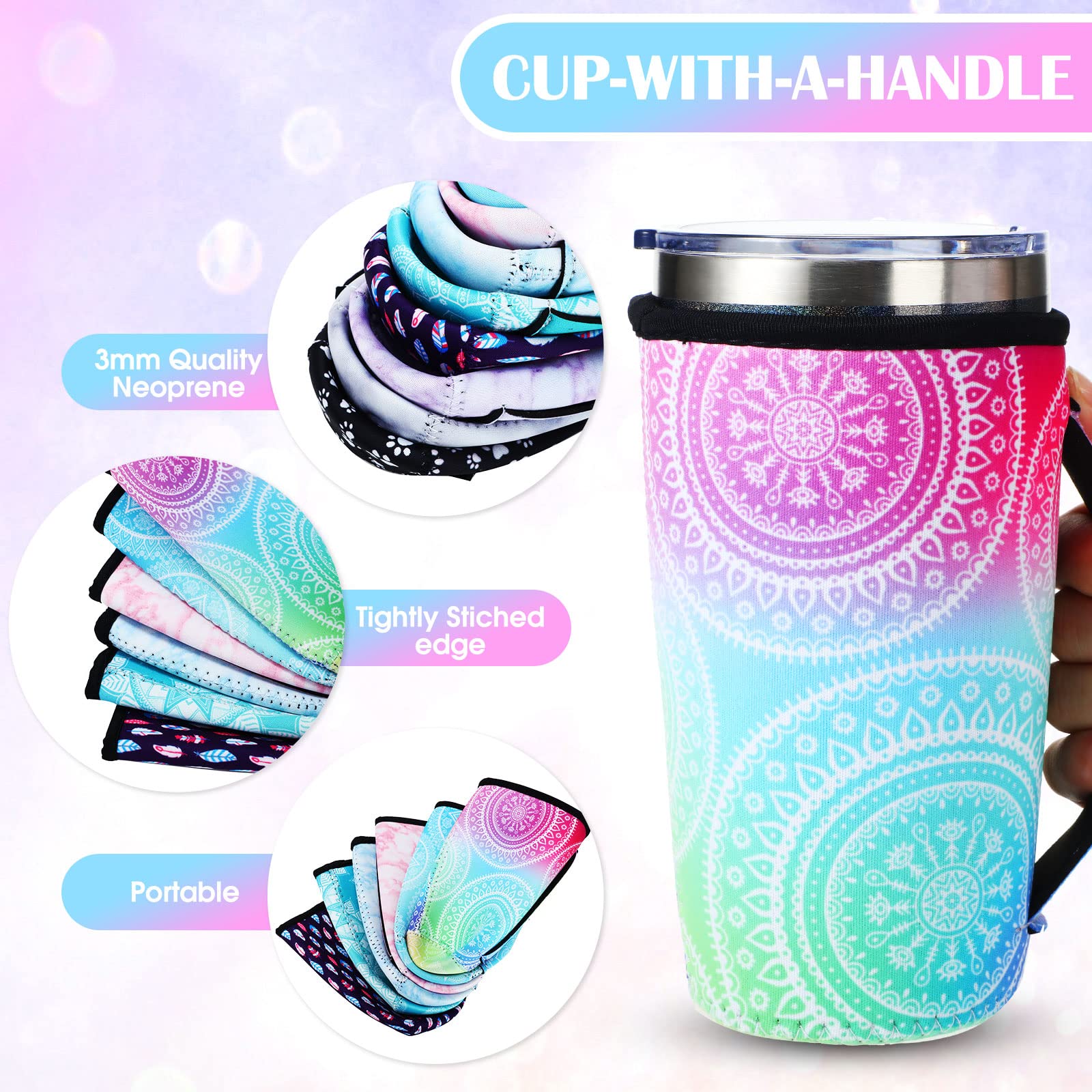 Boao 12 Pieces Reusable Iced Coffee Cup Sleeve Insulator Neoprene Beverages Cup Cover Holder for Tumbler Cup Hot Cold Drinks, with Handle(32 Ounce (pack of 1), Vintage Style)