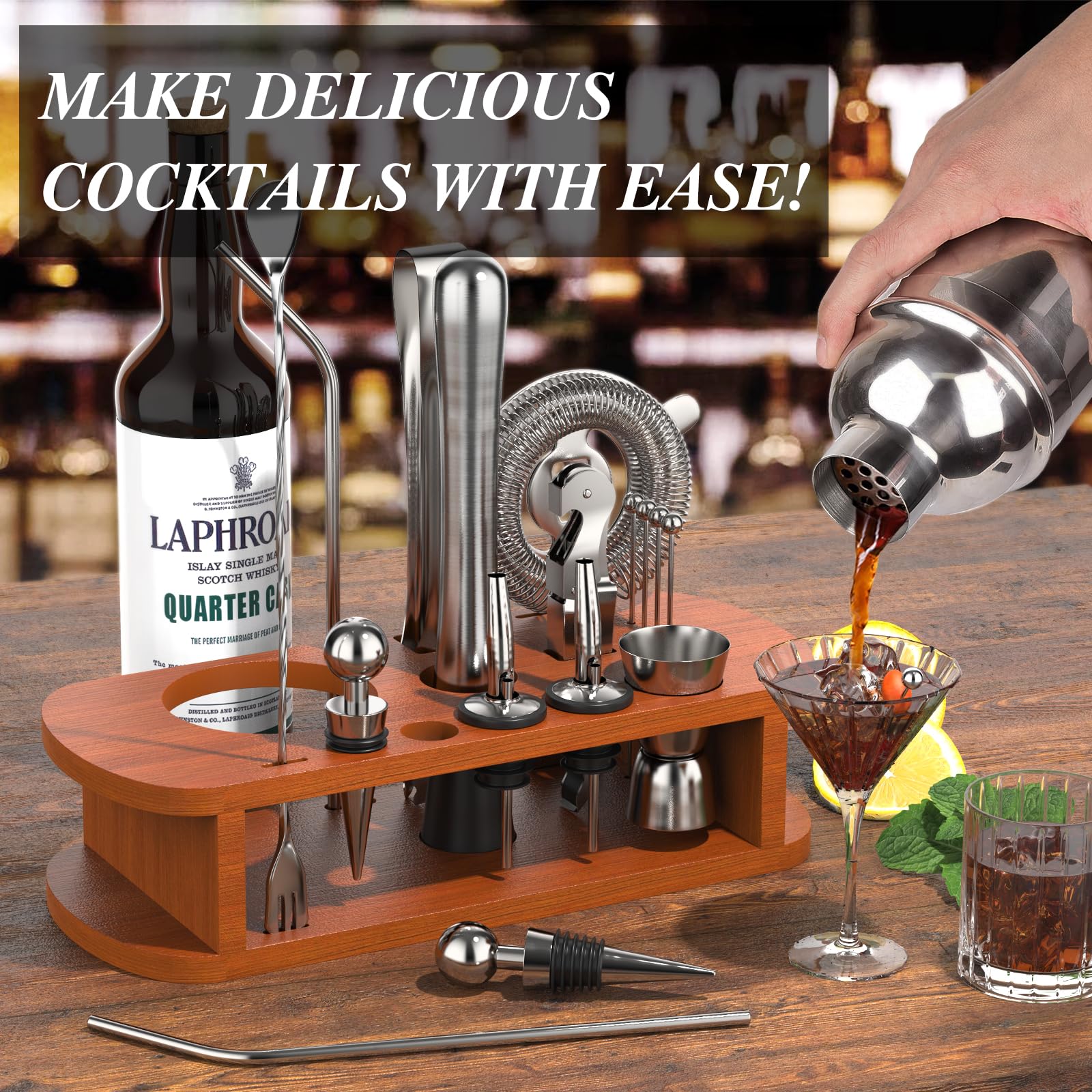 Carsolt Cocktail Shaker Set with Bamboo Stand, 26-Pieces Bartender Kit 25 oz Martini Bar Tools Set for Drink Mixing, Professional Stainless Steel Bar Tools Set Gift for Home, Bar, Party