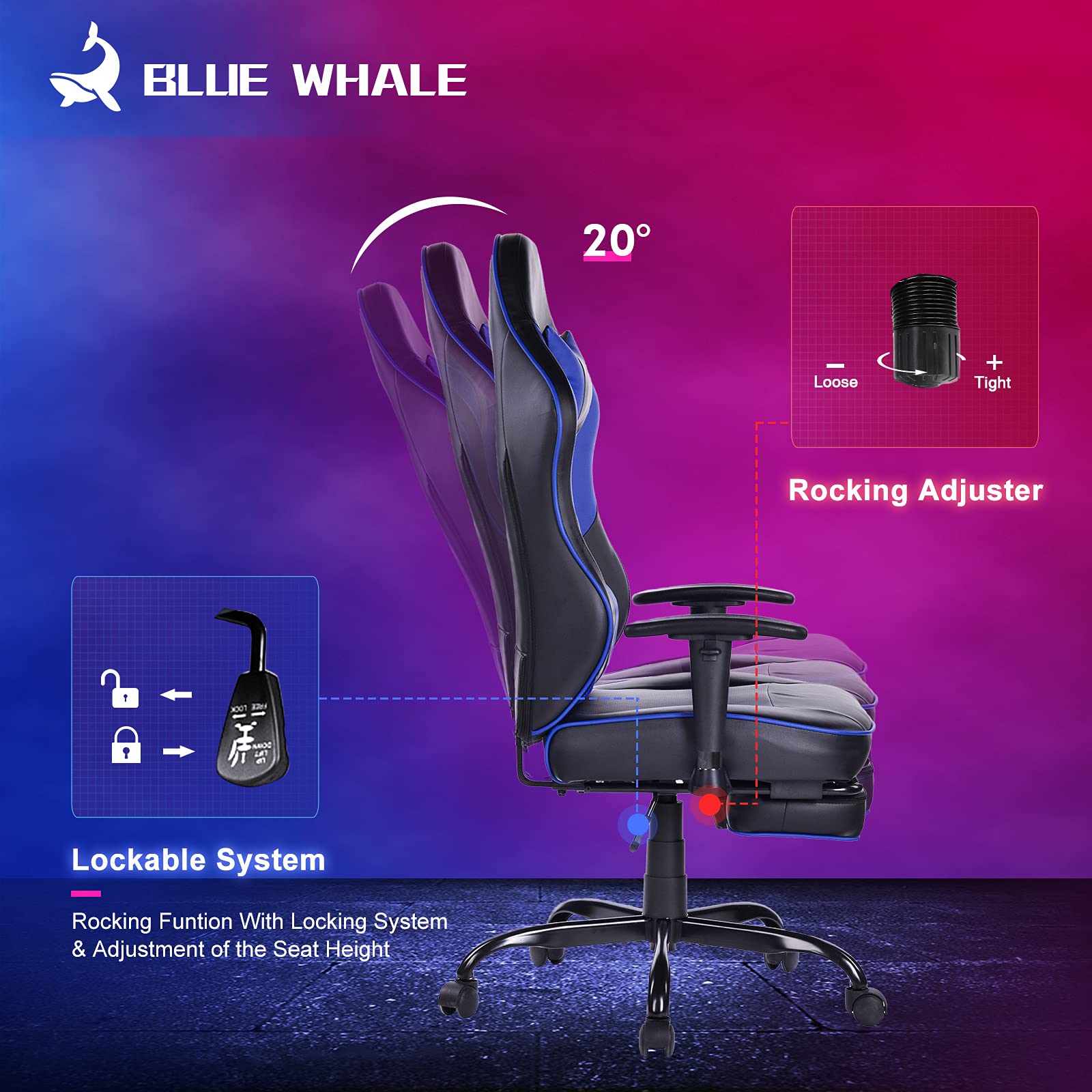 Blue Whale Massage Gaming Chair High Back Racing Computer Desk Chair Swivel Ergonomic Executive Leather Office Chairs with Adjustable Armrests and Footrest