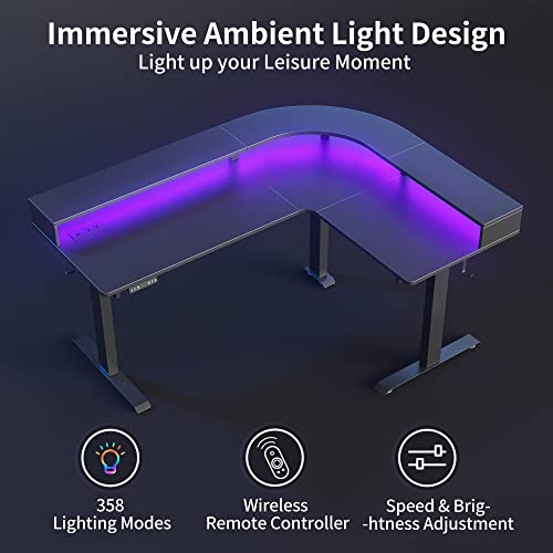 FEZIBO Triple Motor L Shaped Stadning Desk with LED Strip & Power Outrlets，63 inches Height Adjustable Stand up Corner Desk with Ergonomic Monitor Stand, Black Frame/Black Top