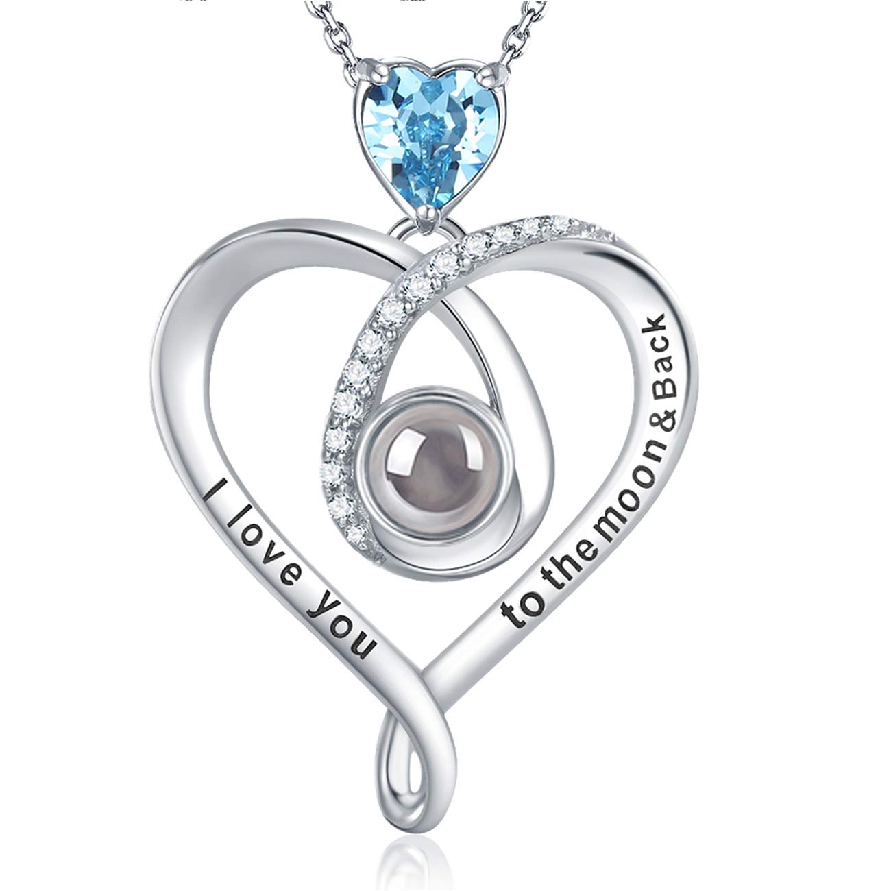 Birthday Gift for Women March Birthstone Aquamarine Jewelry Mom Wife I Love You Necklace 100 Languages to the Moon and Back Necklace Sterling Silver