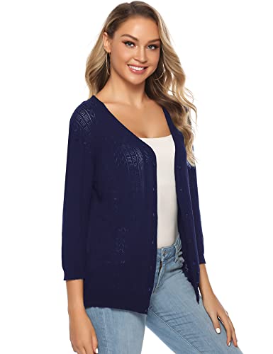 iClosam Summer Cardigans for Women Lightweight Work V Neck Knitted Cardigan 3/4 Sleeve Shrug Sweater Navy Blue