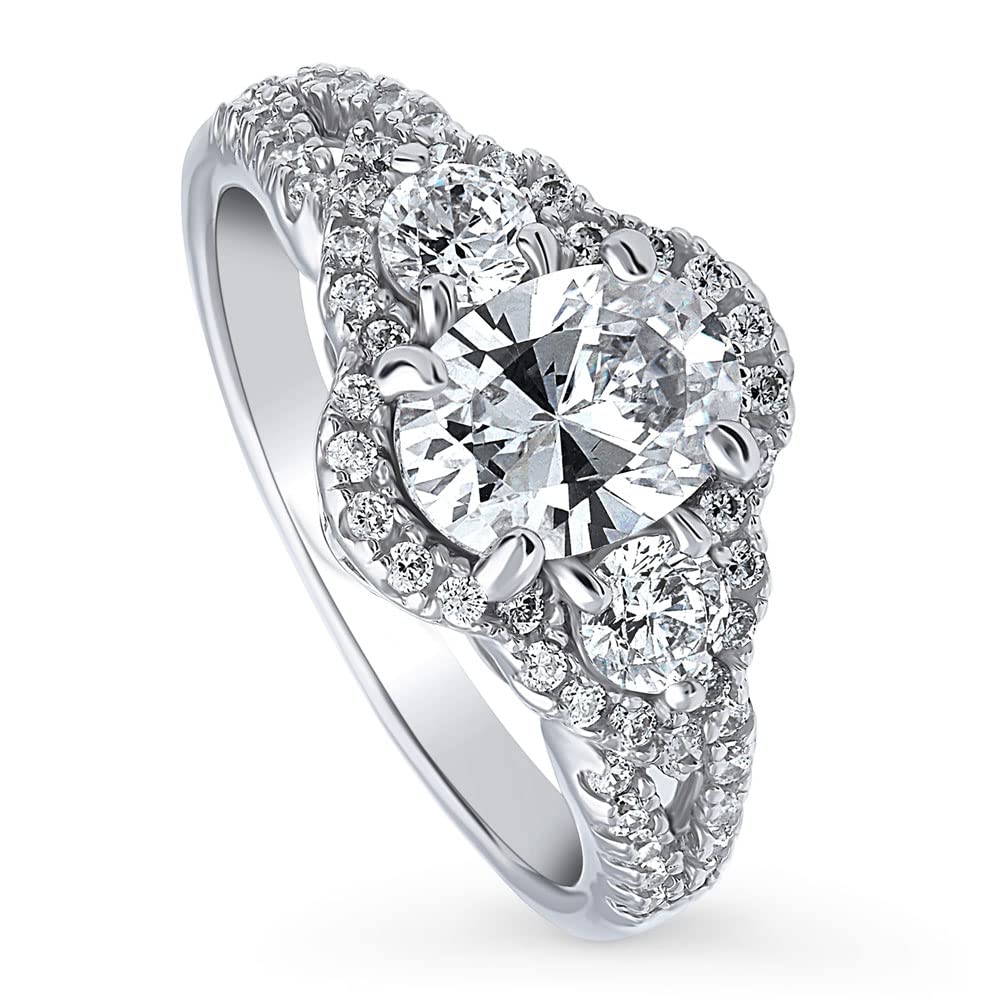 BERRICLE Sterling Silver 3-Stone Wedding Engagement Rings Oval Cut Cubic Zirconia CZ Halo Split Shank Ring for Women, Rhodium Plated Size 5