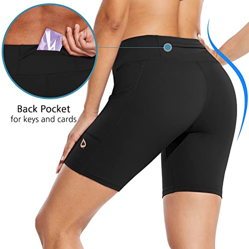 BALEAF Women's 7" Long Compression Running Shorts High Waisted Yoga Biker Shorts with 3 Pockets Black XL