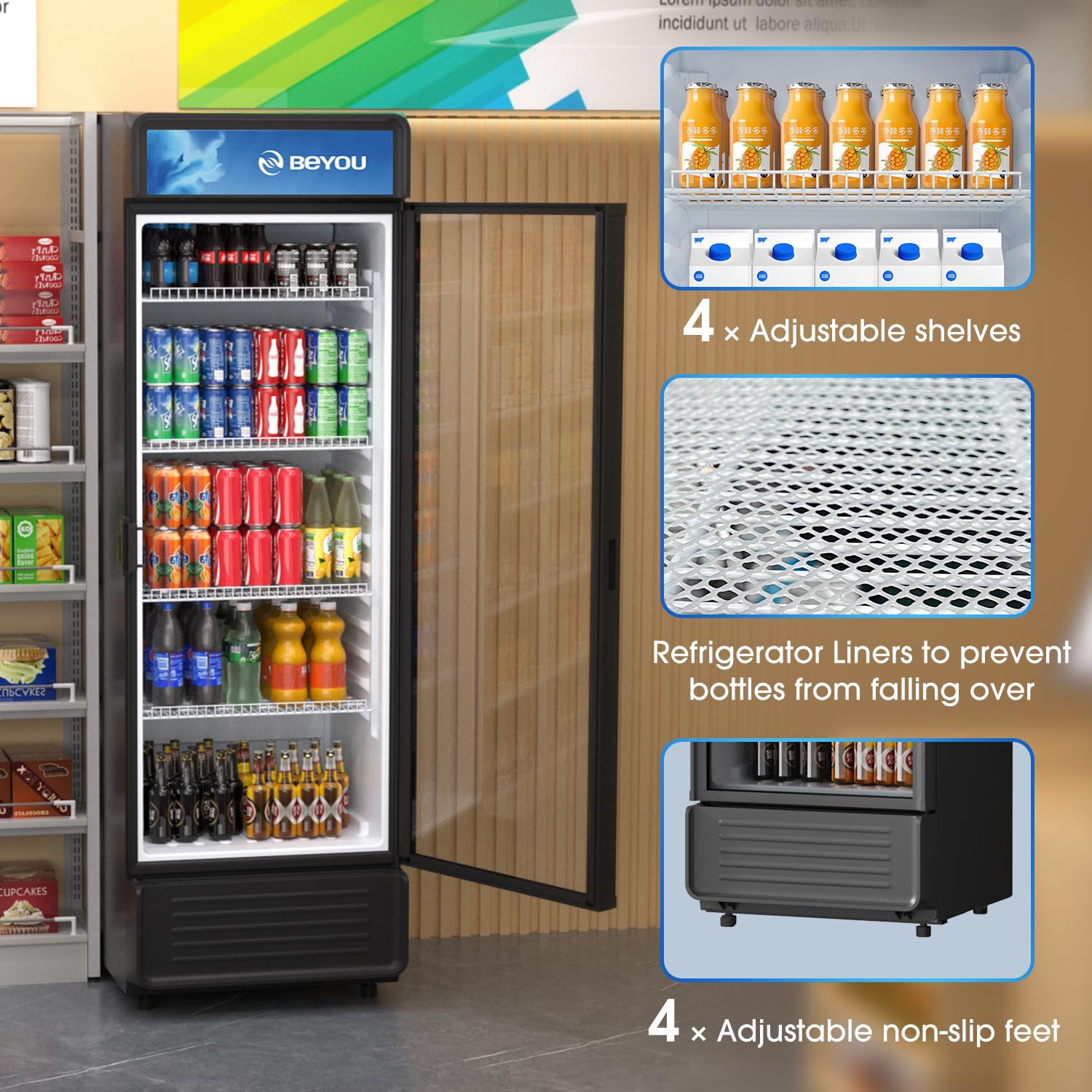 BEYOU Commercial Refrigerator, 12.2 cu. Ft Upright Beverage Display Merchandiser with single Glass Door, Drink Cooler for Living Room,Bar,Garage(Black)