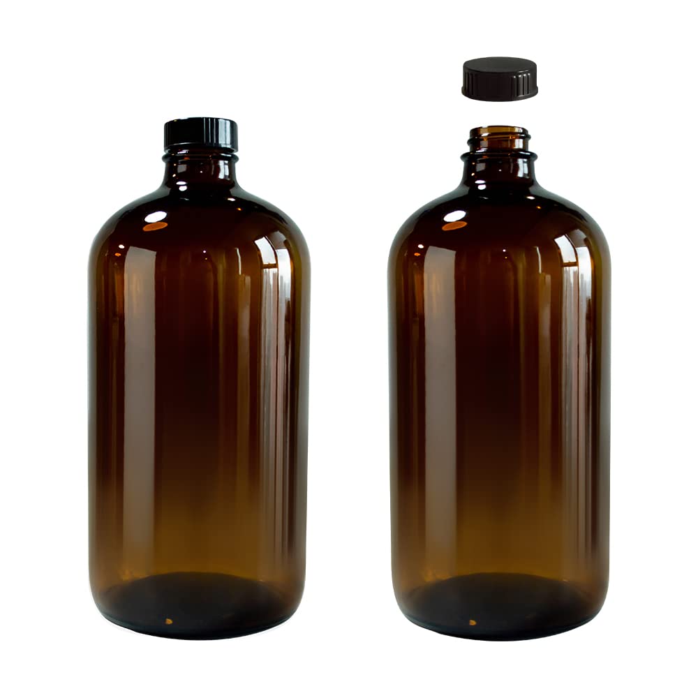 GPK4ALL 32oz 946ml Amber Boston Round Bottle with 28-400 Black Poly cone Phenolic caps, pack of 2