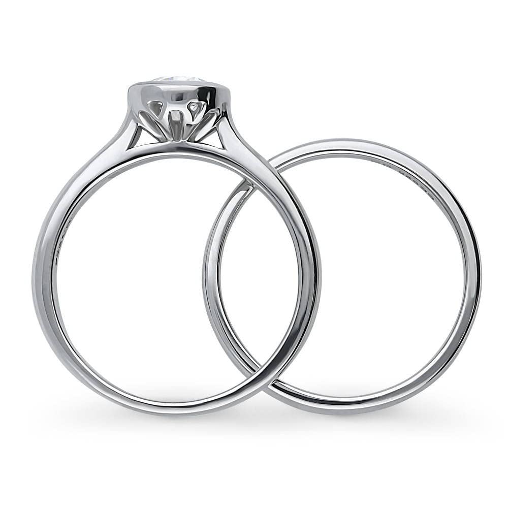 BERRICLE Sterling Silver Solitaire Wedding Engagement Rings 0.8 Carat Bezel Set Round Cubic Zirconia CZ Ring Set for Women, Rhodium Plated Size 4