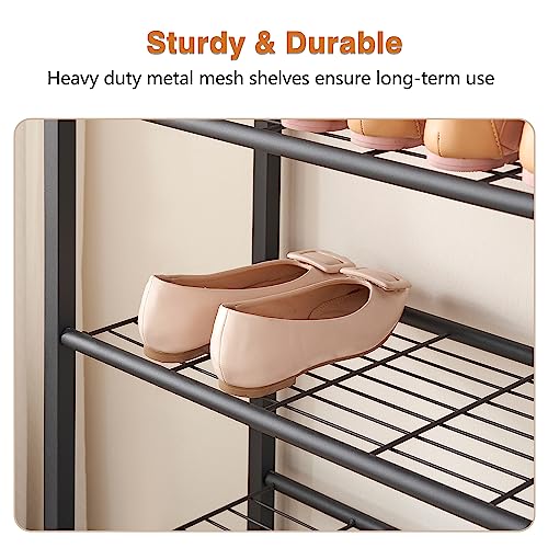 IDEALHOUSE Shoe Rack for Entryway, 5 Tier Shoe Storage Shelves with Mesh Storage Basket, 16-20 Pairs Shoe Organizer with Wooden Top Shelf for Closet, Hallway, Entryway, Rustic Brown