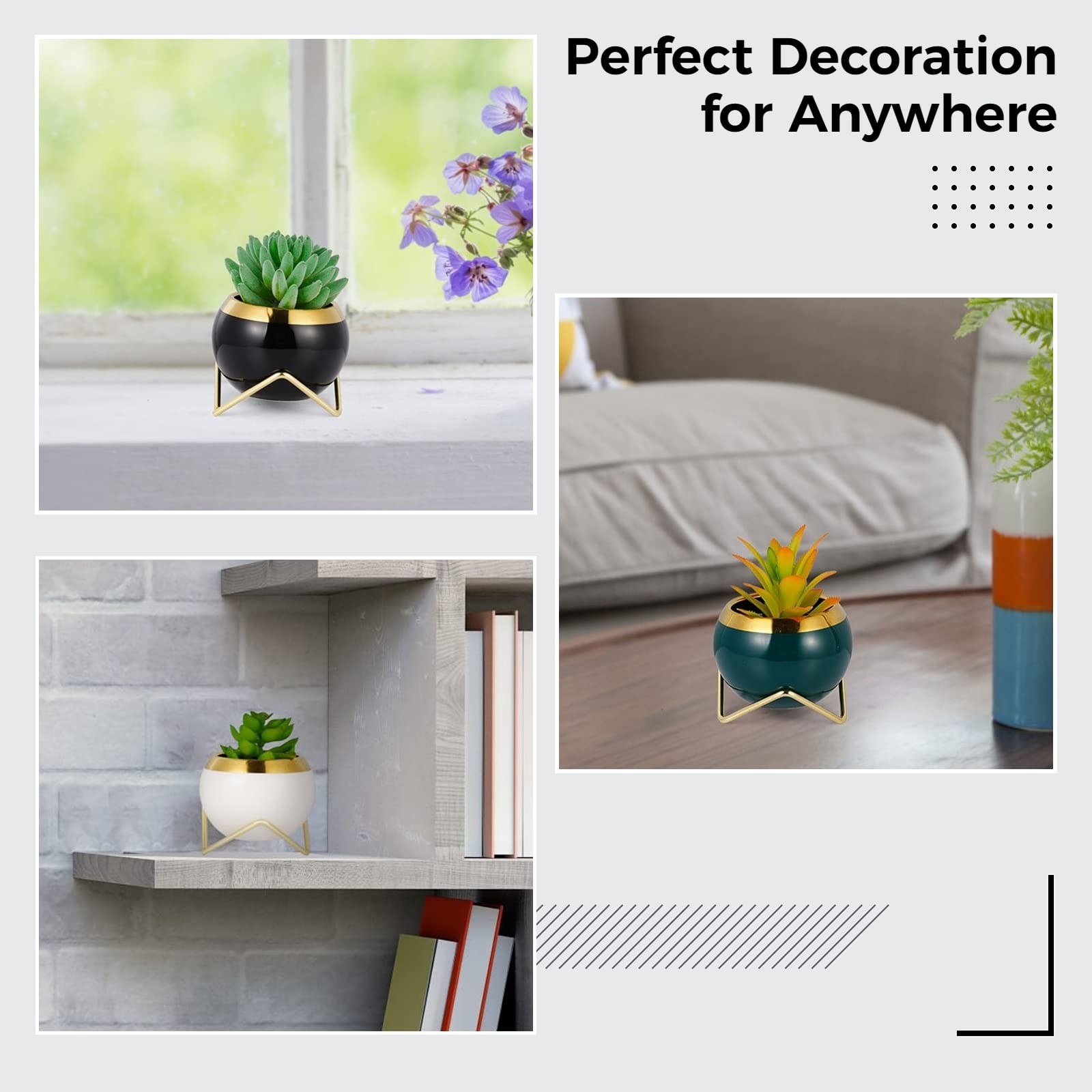 BATTIPAW 3PCS Air Plant Holders | Unique Large Ceramic Plant Pots w/ Metal Stand for Cacti & Succulents