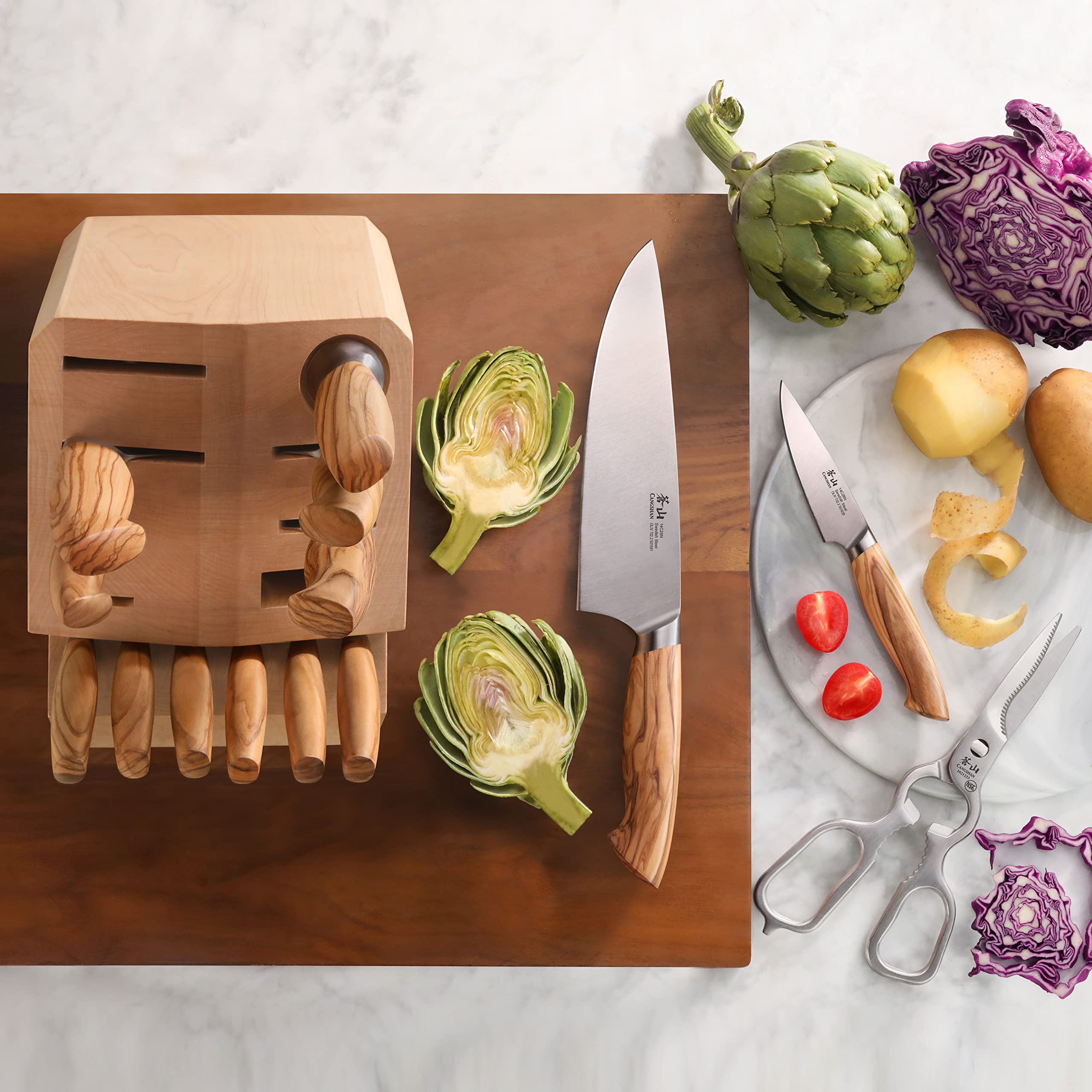 Cangshan OLIV Series 15-Piece Knife Block Set, Forged Swedish 14C28N Steel, Maple Block, 501691