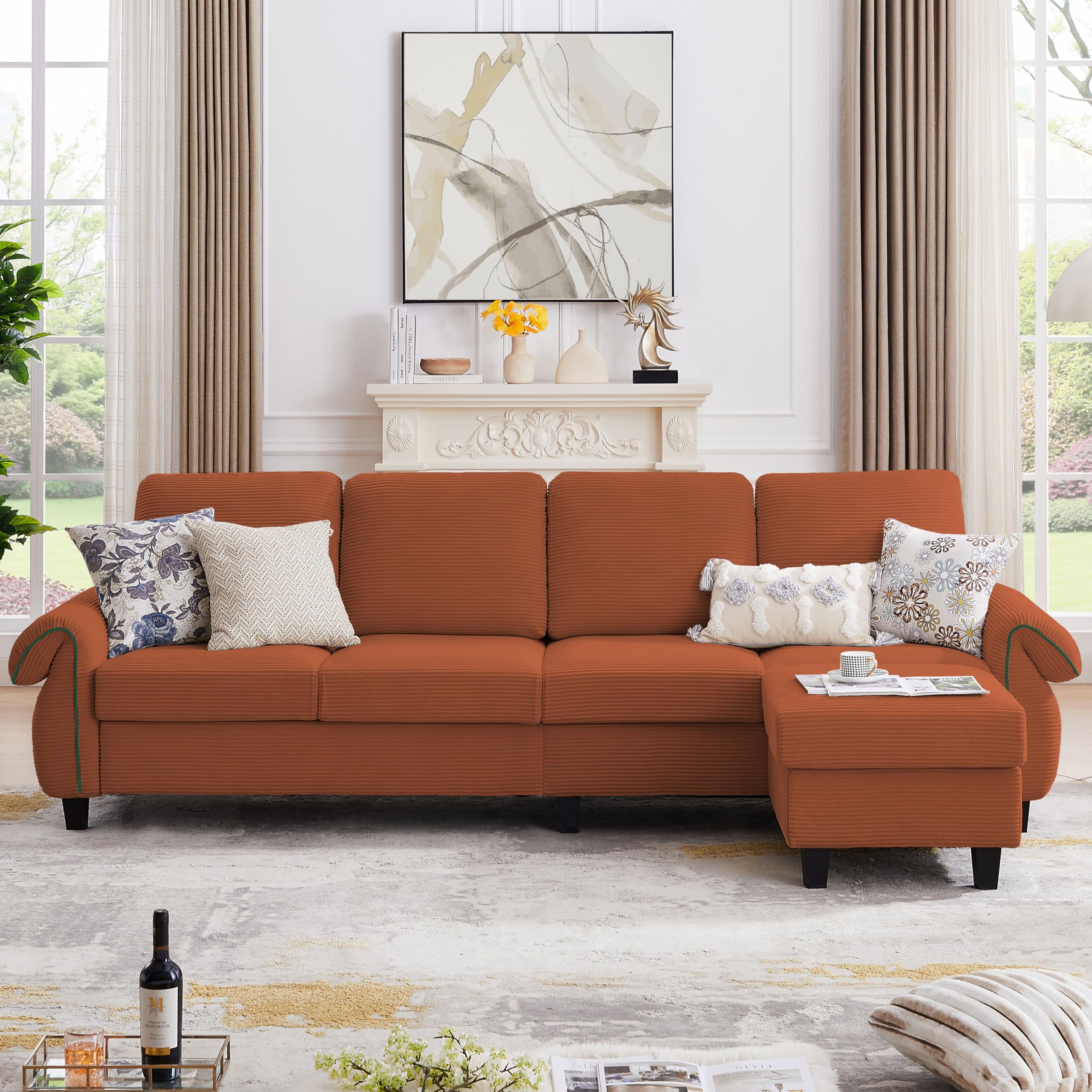 Chireca 112" Convertible Sectional Sofa, Modern Microfiber L Shaped Couch with Reversible Chaise, 4 Seater Sofa Couches for Living Room, Orange