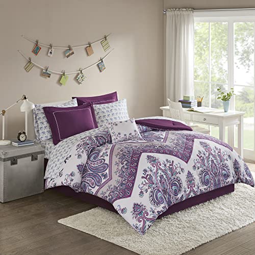 Intelligent Design Complete Bed In A Bag Casual Boho Comforter with Sheet Set Decorative Pillow, All Season Bedding Set, Queen, Tulay Purple 9 Piece