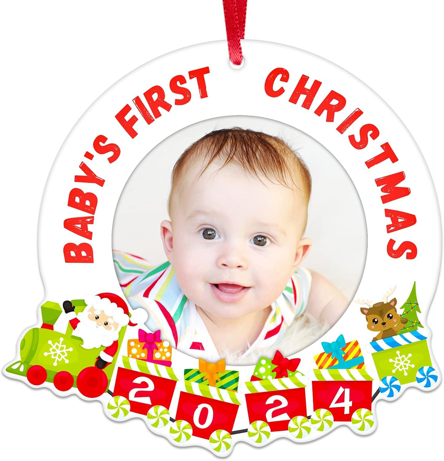 FaCraft Picture Frame Babys First Christmas Ornament 2024,1.77"x1.97" Photo Frame Baby's First Christmas Ornament 1st Train Personalized Baby Ornament Tree Decorations for Baby Boy Girl New Born