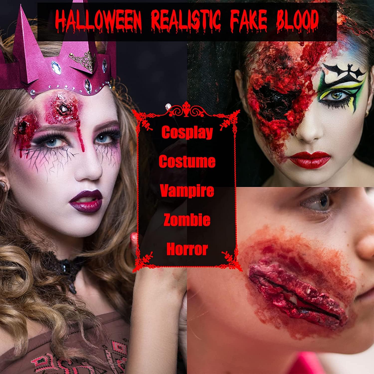 BOBISUKA 3PCS Halloween Fake Blood Makeup Kit - Coagulated Blood 1.41oz + Fake Blood Spray 1.76oz + Dripping Blood 1.76oz, Realistic Washable Special Effects SFX Makeup Set, for Zombie Vampire Monster