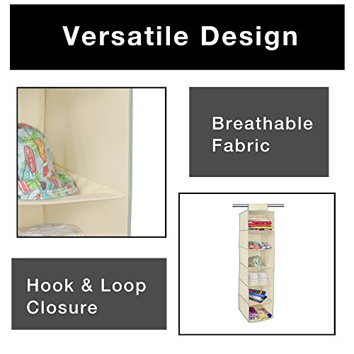 Smart Design Shelf Cubby Hanging Organizer w/ Hook & Loop - VentilAir Material - Clothing, Clothes, Accessories, & Closet Storage - Home Organization (6-Tier, Beige w/ Slate Trim)