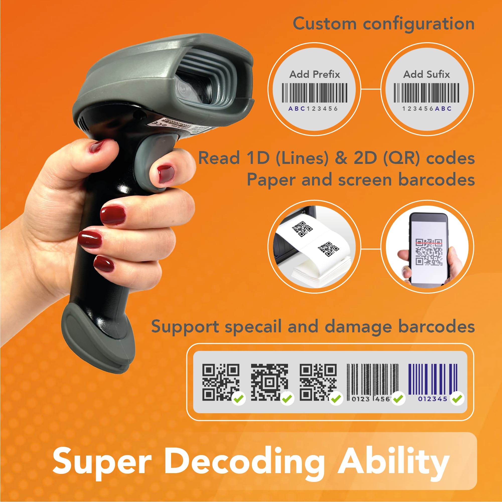 SOLUX Barcode Scanner - QR Code Scanner - 2D Barcode Scanner - Master Efficiency with USB Barcode Scanner - Bar Code Scanner with Stand - The Ultimate Hand Scanner - Screen and Paper Scanning - Black