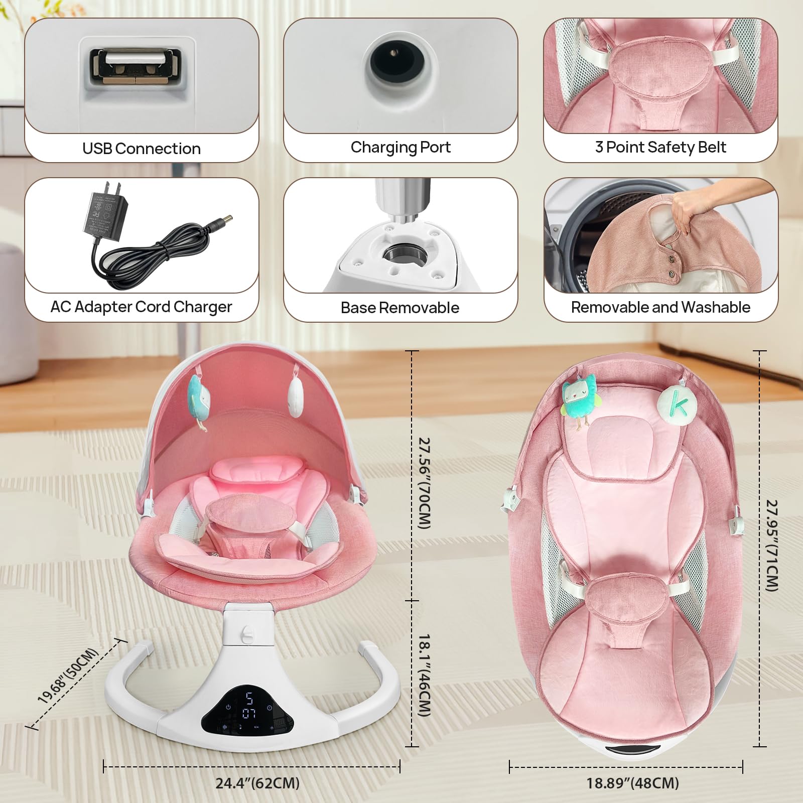 Baby Swing for Infants,Electric Portable Swing for Baby Boy Girl,Remote Control Indoor Baby Rocker with 5 Sway Speeds,3 Timer Settings,12 Music and Bluetooth.(Pink)