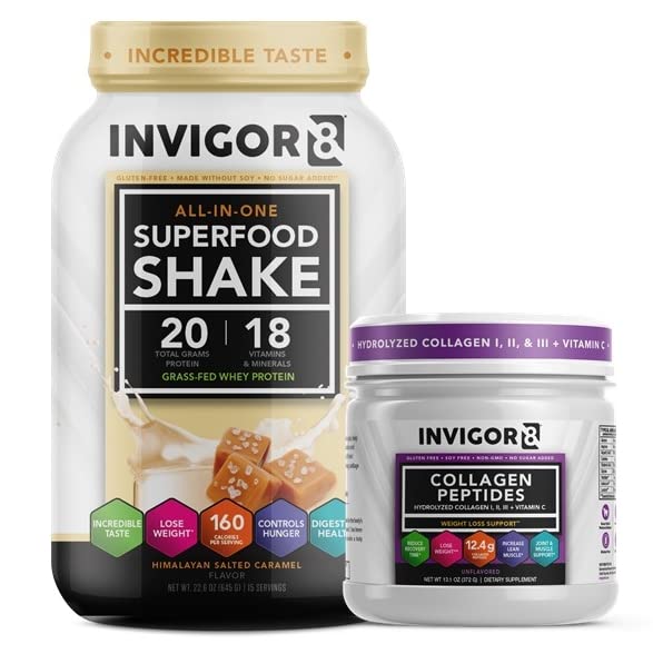INVIGOR8 Superfood Shake (Salted Caramel) Whey Protein Shake + Collagen Peptides Weight Loss Formula with Hydrolyzed Collagen Types I, II, & III + Vitamin C Unflavored
