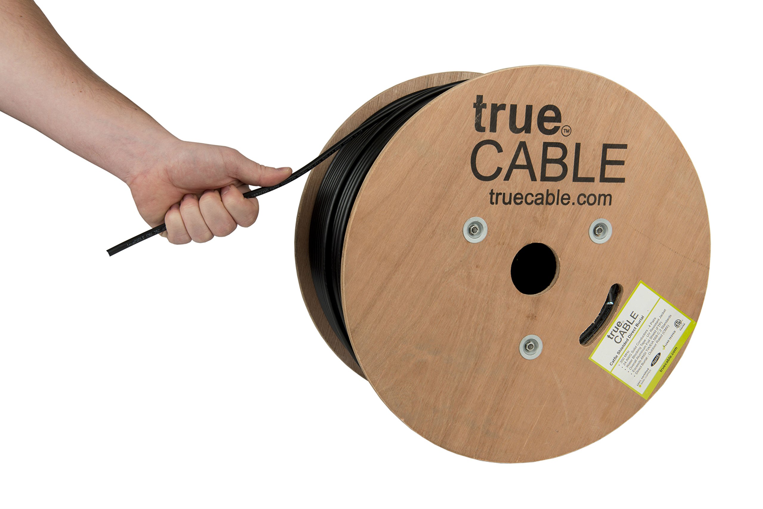 trueCABLE Cat5e Outdoor Shielded (F/UTP), 1000ft, Waterproof Direct Burial Rated CMX, Black 24AWG Solid Bare Copper, 350MHz, PoE++ (4PPoE), ETL Listed, Bulk Ethernet Cable
