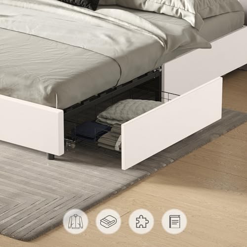BONSOIR King Size Storage Bed Frame Upholstered Low Profile Traditional Platform with Tufted and Nail Headboard/No Box Spring Needed/4 Pull Out Drawers/ (Sand, King Size) (Cream, King Size)