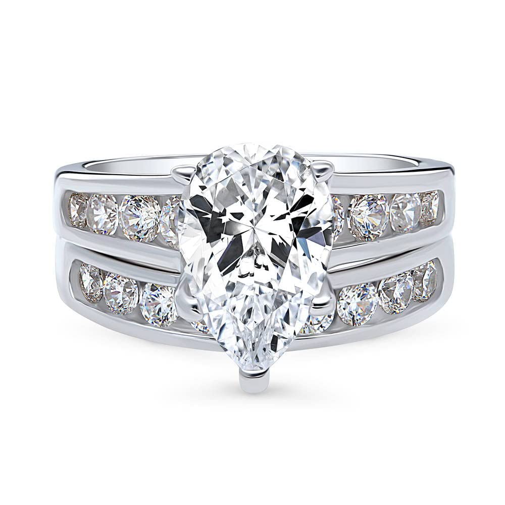 BERRICLE Sterling Silver Solitaire Wedding Engagement Rings 3 Carat Pear Cut Cubic Zirconia CZ Ring Set for Women, Rhodium Plated Size 8