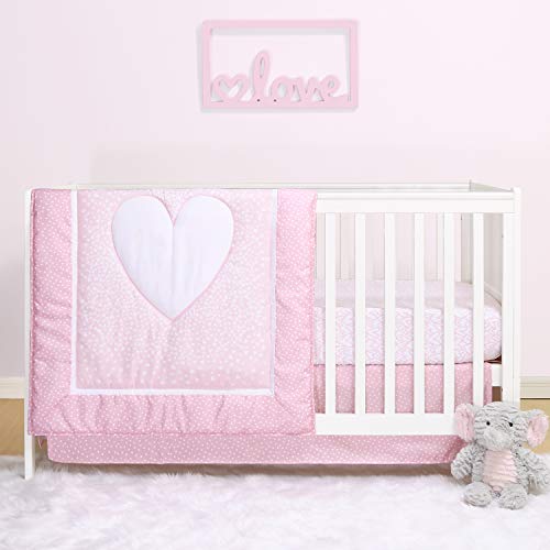 The Peanutshell Hearts Crib Bedding Set for Baby Girls | 3 Piece Pink & White Nursery Set | Baby Quilt, Crib Sheet, and Dust Ruffle