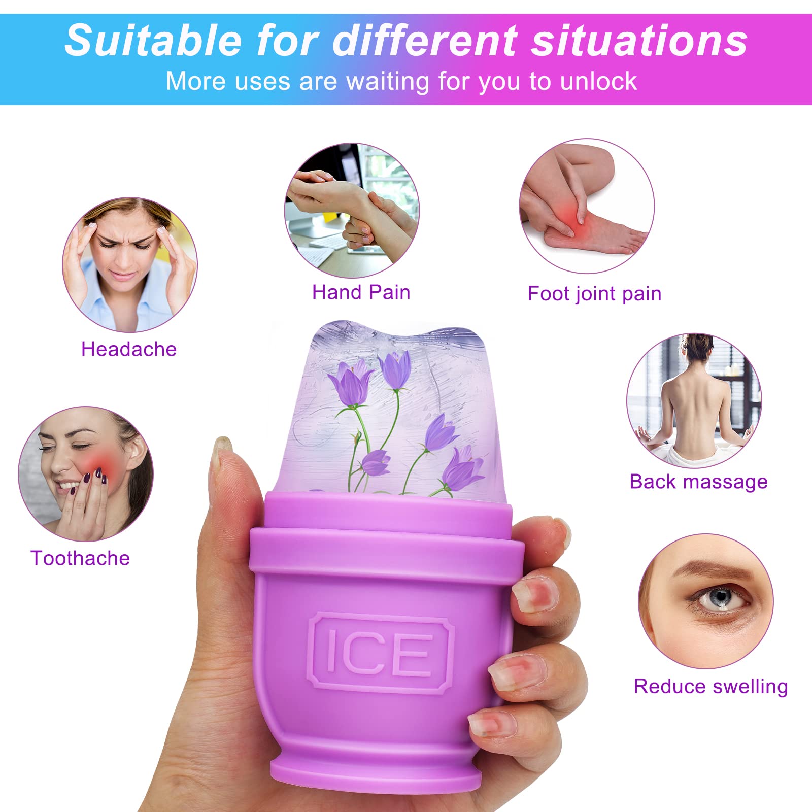 BFAHE 2 PCS Ice Rollers for Face, Reusable Facial Massage Tool for Puffiness Brighten and Tighten, Cold Therapy Ice Cup Molds for Skin Care and Pain Relieving