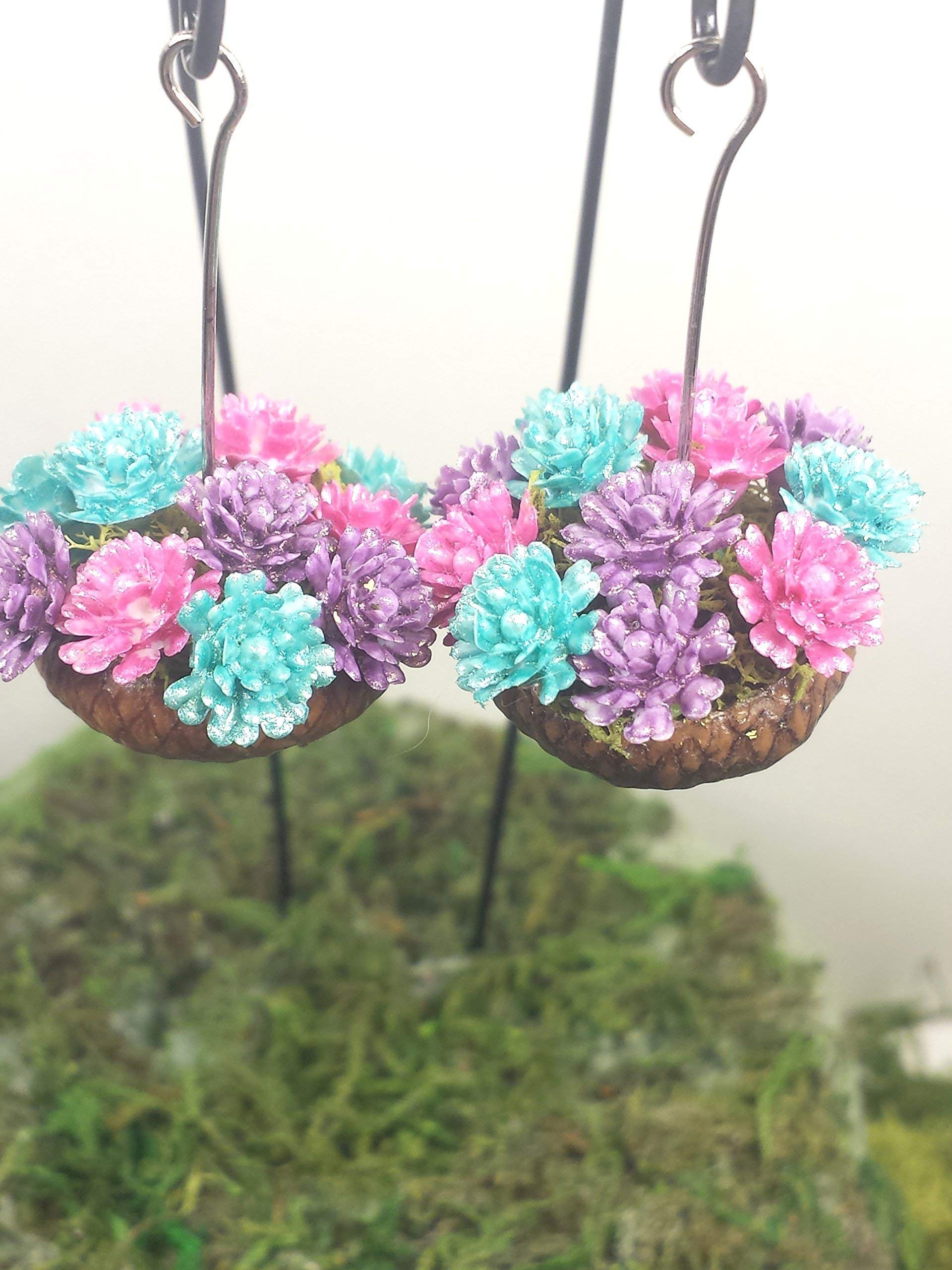 Fairy Garden Accessories. Set of 2. Miniature Hanging Flower Baskets. Acorn Planters. Dollhouse, Terrarium Décor.