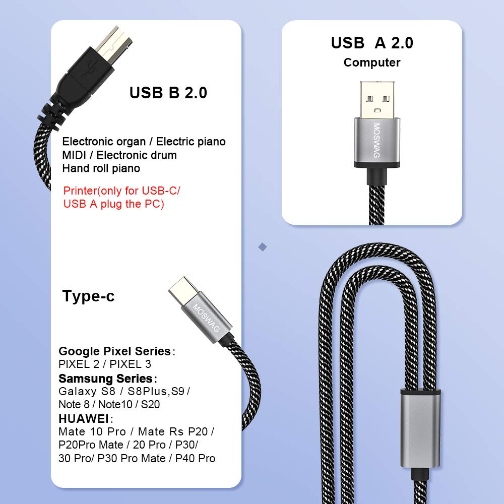 MOSWAG 2in1 USB Printer Cable 3.28FT/1M with USB C to MIDI Cable Printer Cable,USB MIDI Cable USB C to USB B MIDI Cable,Cable,Compatible with Music Instrument,Piano,Midi Keyboard,USB Microphone